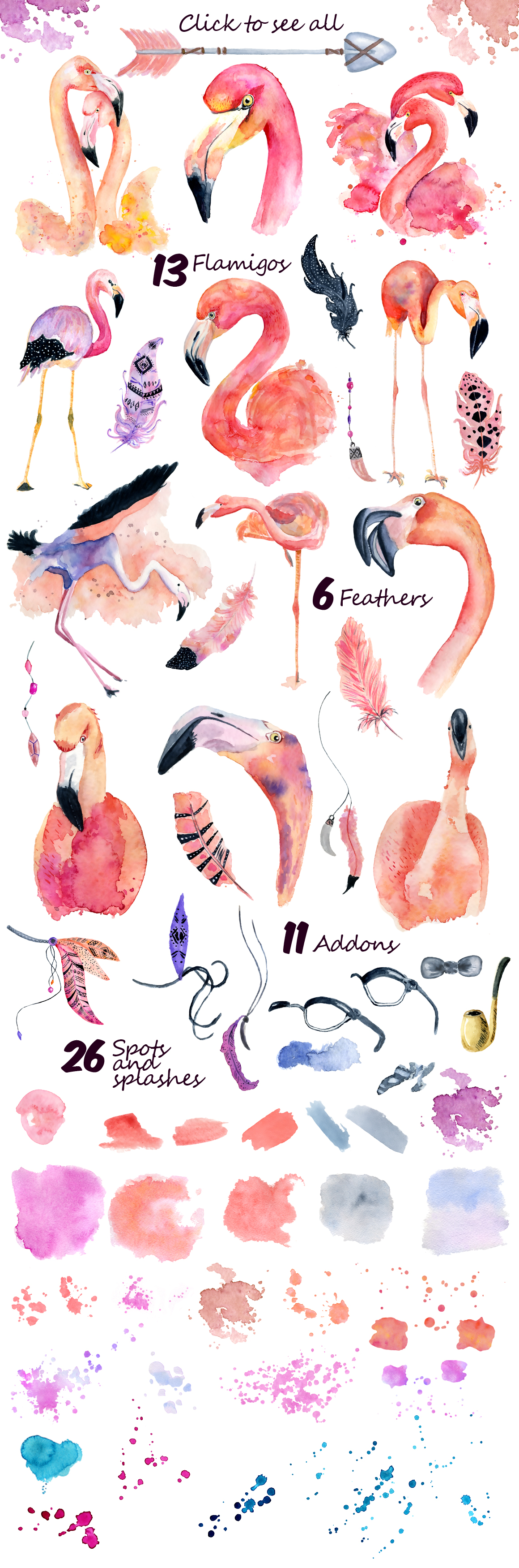 Boho flamingo Watercolor set on Yellow Images Creative Store