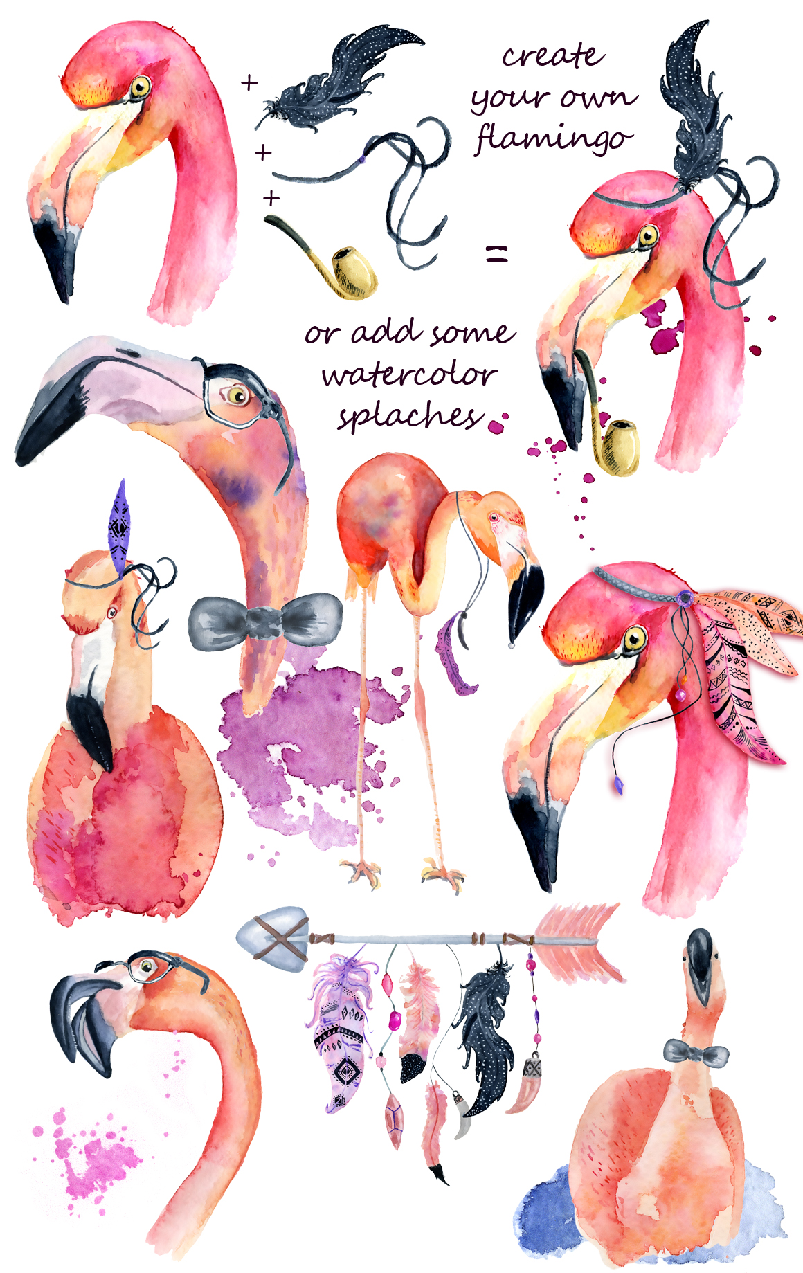 Boho flamingo Watercolor set on Yellow Images Creative Store