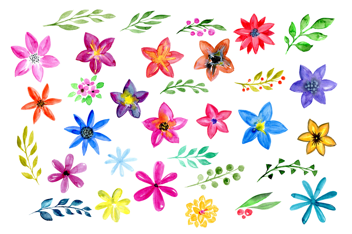 32 Watercolor floral elements on Yellow Images Creative Store