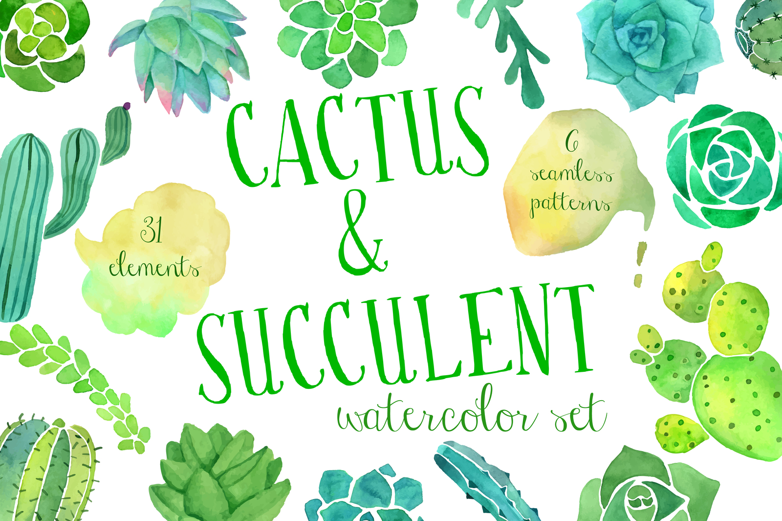 Watercolor cactus and succulent set on Yellow Images Creative Store