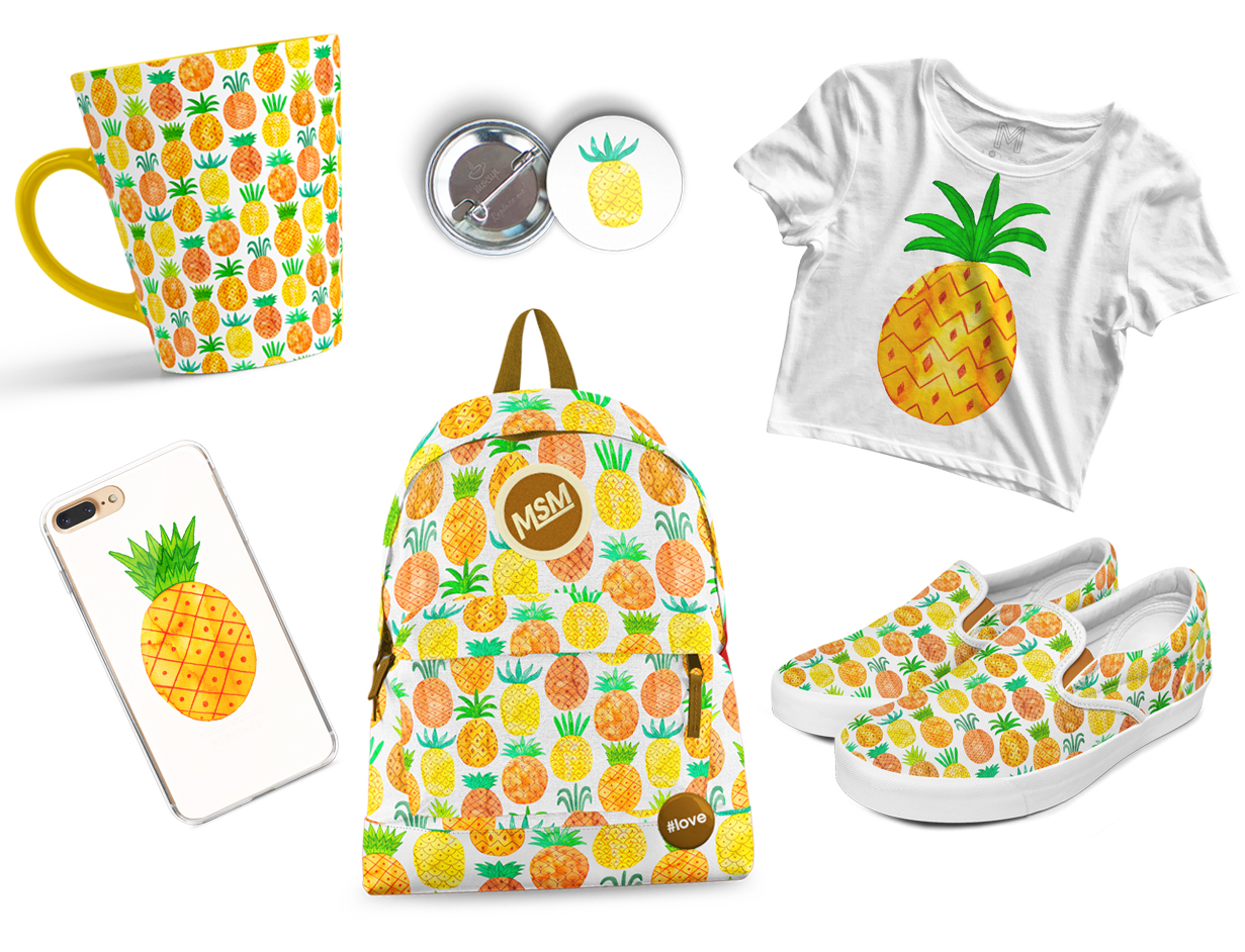 Watercolor pineapple set on Yellow Images Creative Store
