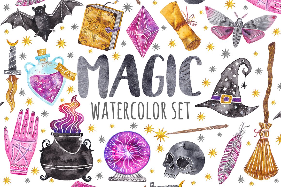 Watercolor magic set. Witchcraft on Yellow Images Creative Store