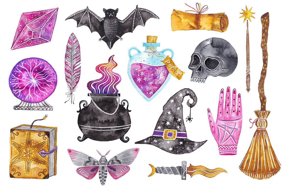 Watercolor magic set. Witchcraft on Yellow Images Creative Store