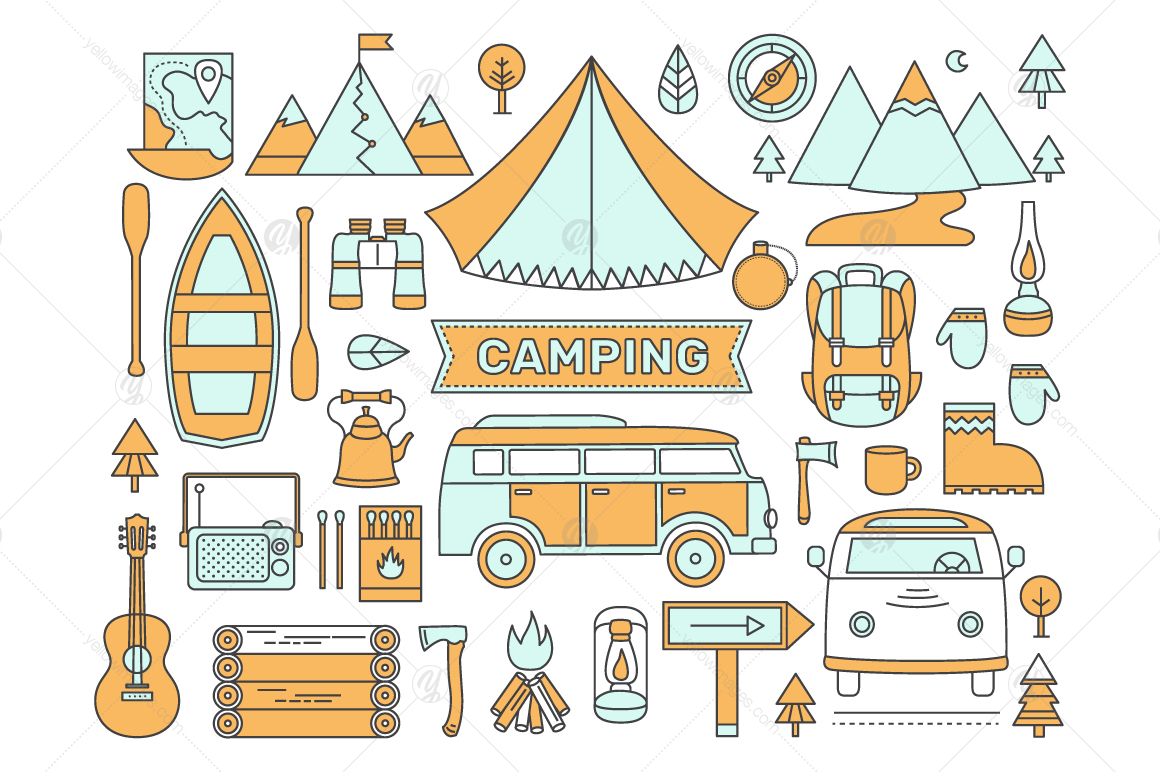 Camping illustrations and elements. Illustrations, icons, line elements ...