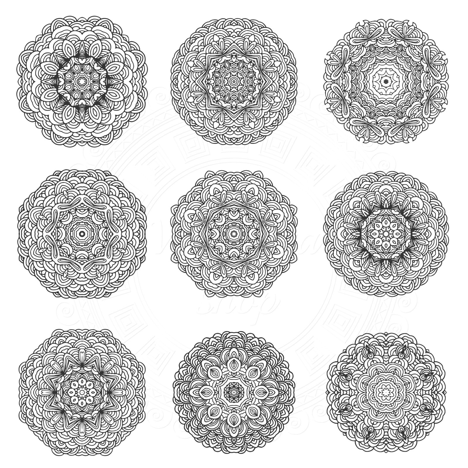 Hand-drawn mandalas set on Yellow Images Creative Store