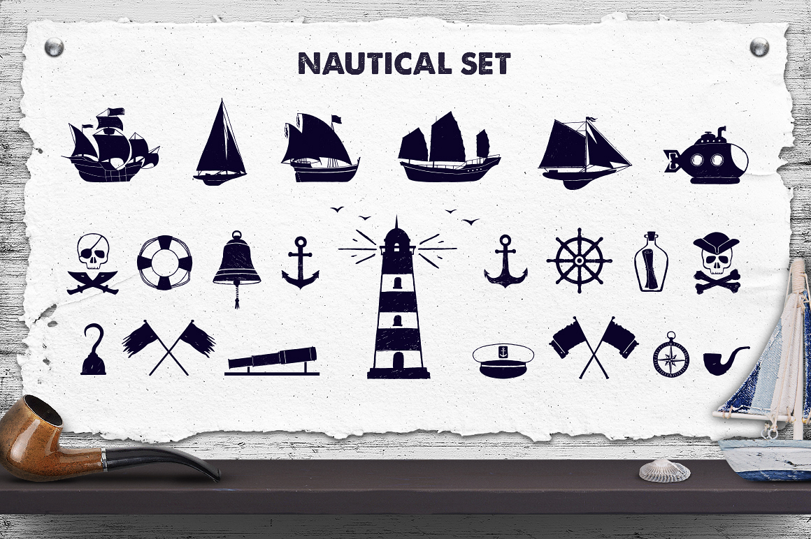 Nautical Collection. 65 Hand Drawn Objects on Yellow Images Creative Store