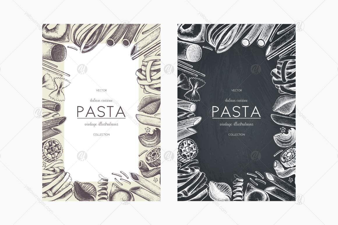 Hand Drawn Italian Pasta Collection on Yellow Images Creative Store