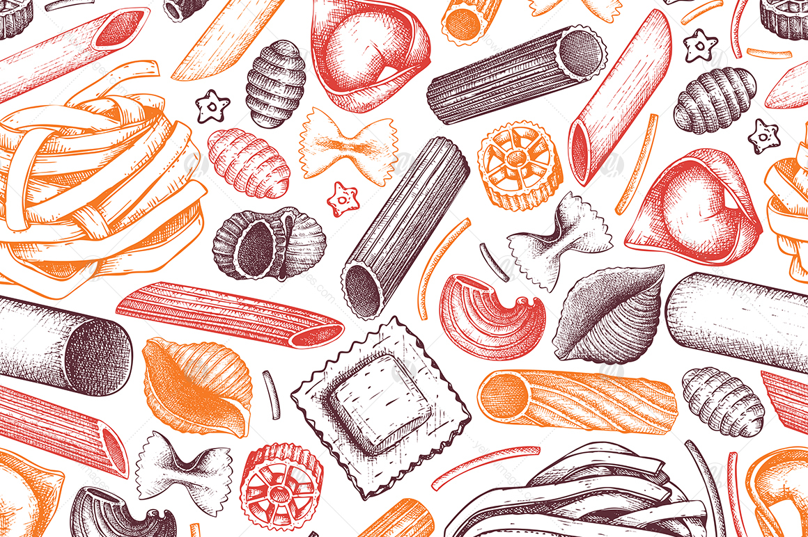 Hand Drawn Italian Pasta Collection on Yellow Images Creative Store