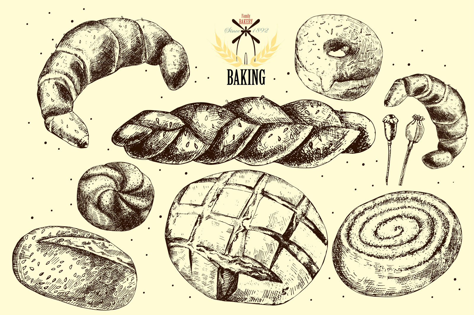 Bread and pastries. Hand drawing. on Yellow Images Creative Store