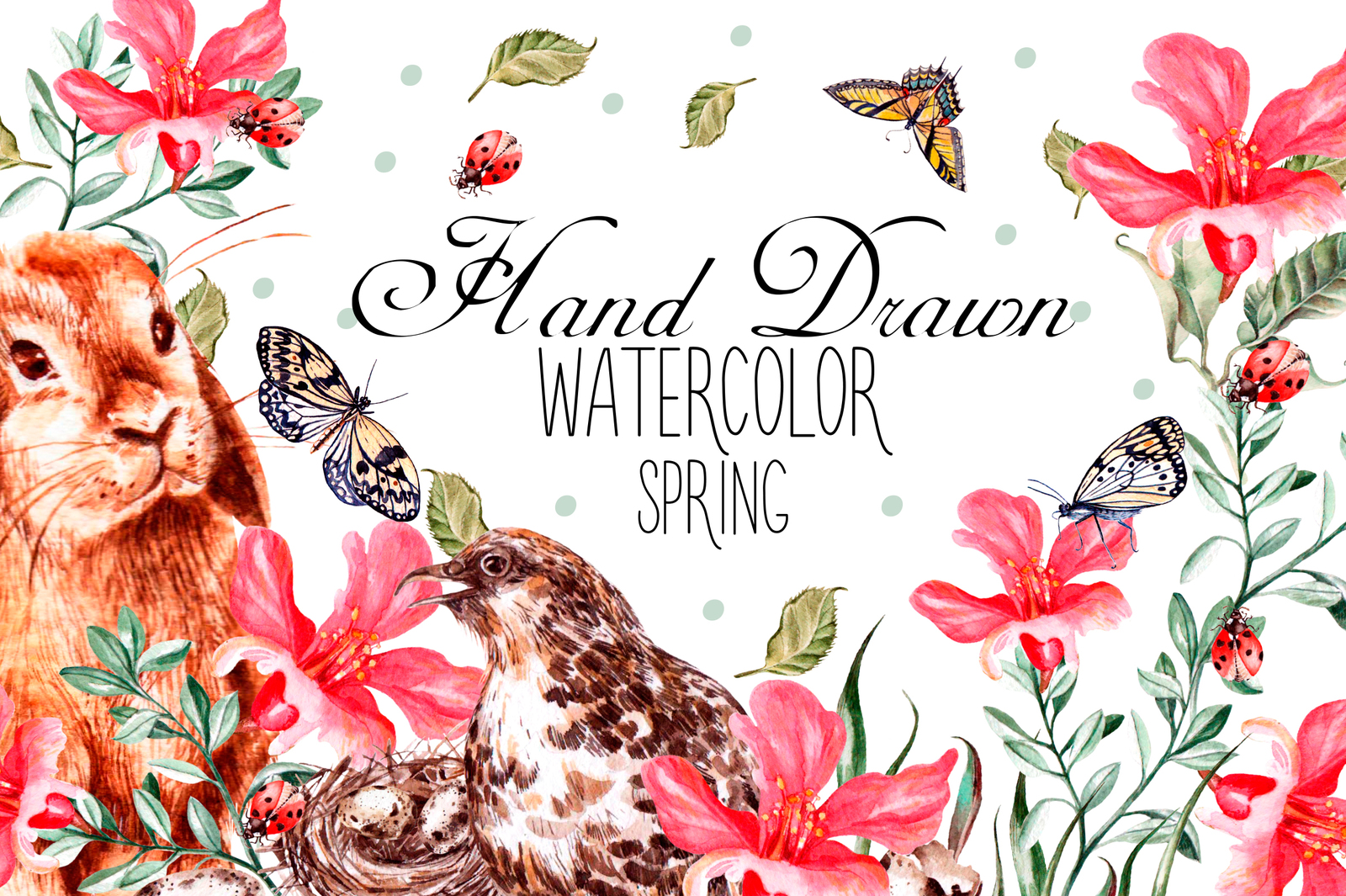 Hand Drawn watercolor SPRING on Yellow Images Creative Store