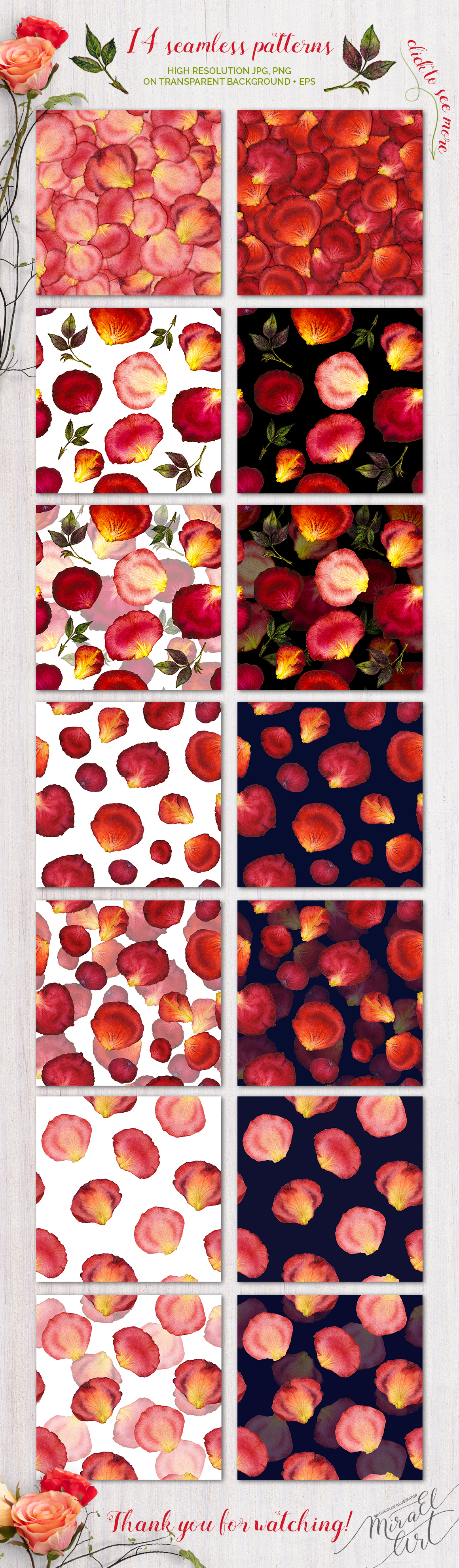 Floral watercolor rose petals on Yellow Images Creative Store