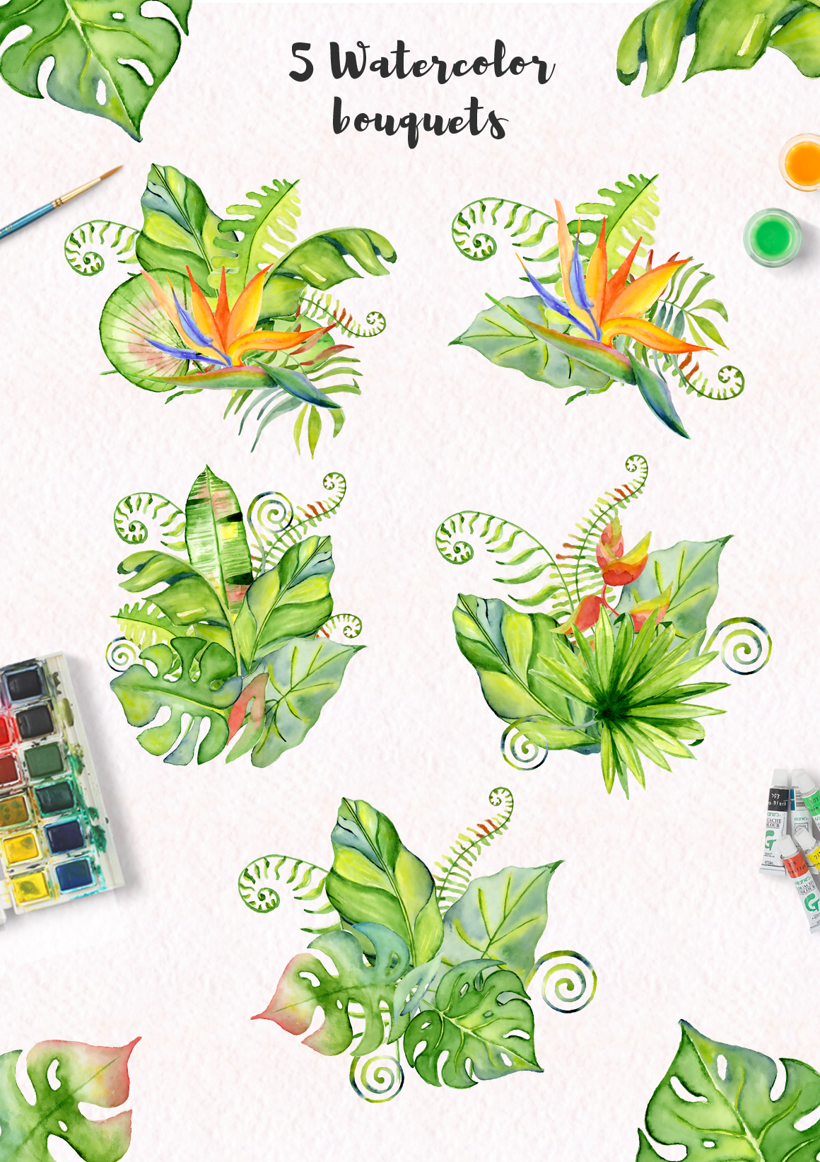 Tropical leaves watercolor clipart on Yellow Images Creative Store
