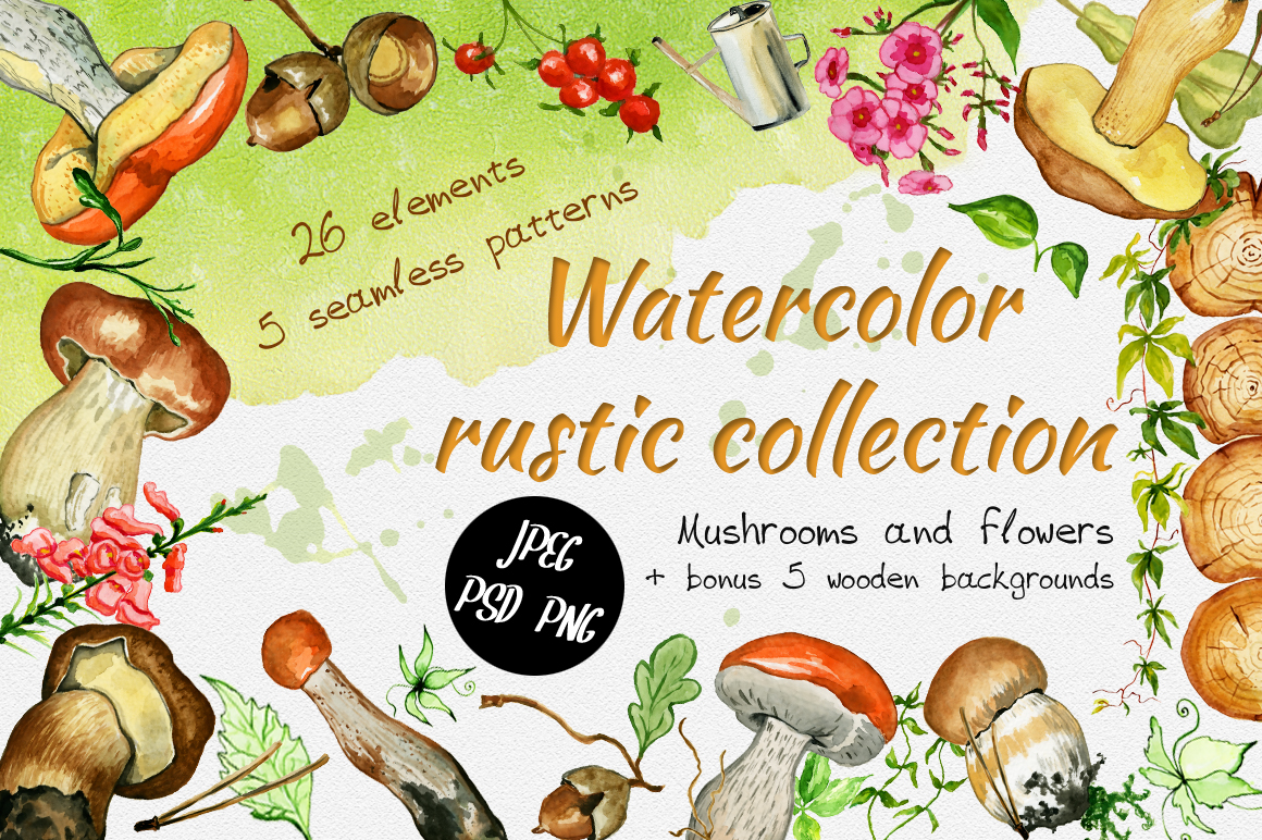 Watercolor rustic set with Mushrooms on Yellow Images Creative Store