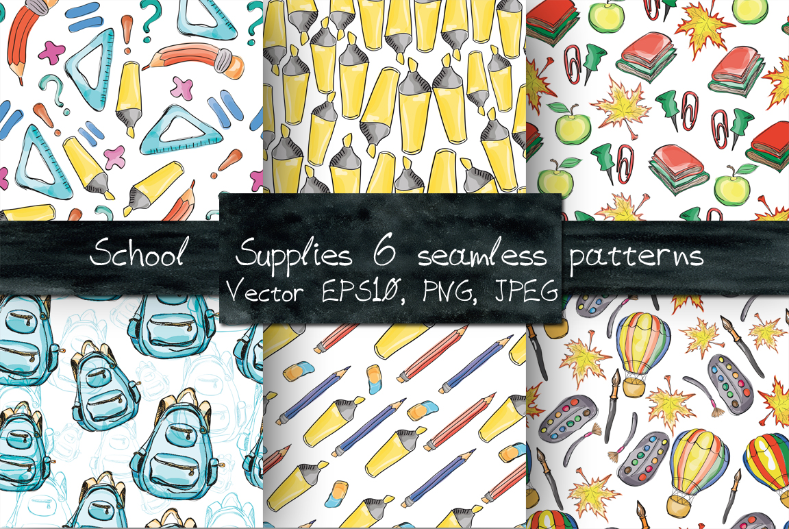 School supplies seamless patterns on Yellow Images Creative Store
