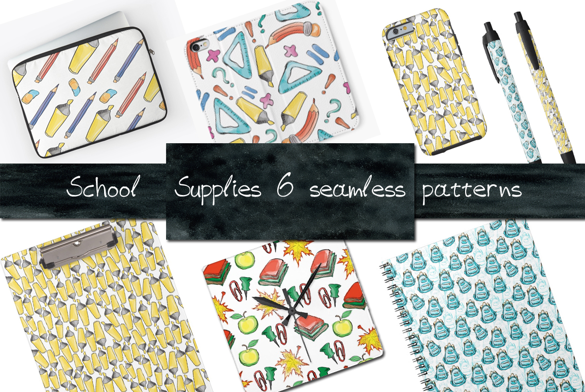 School supplies seamless patterns on Yellow Images Creative Store