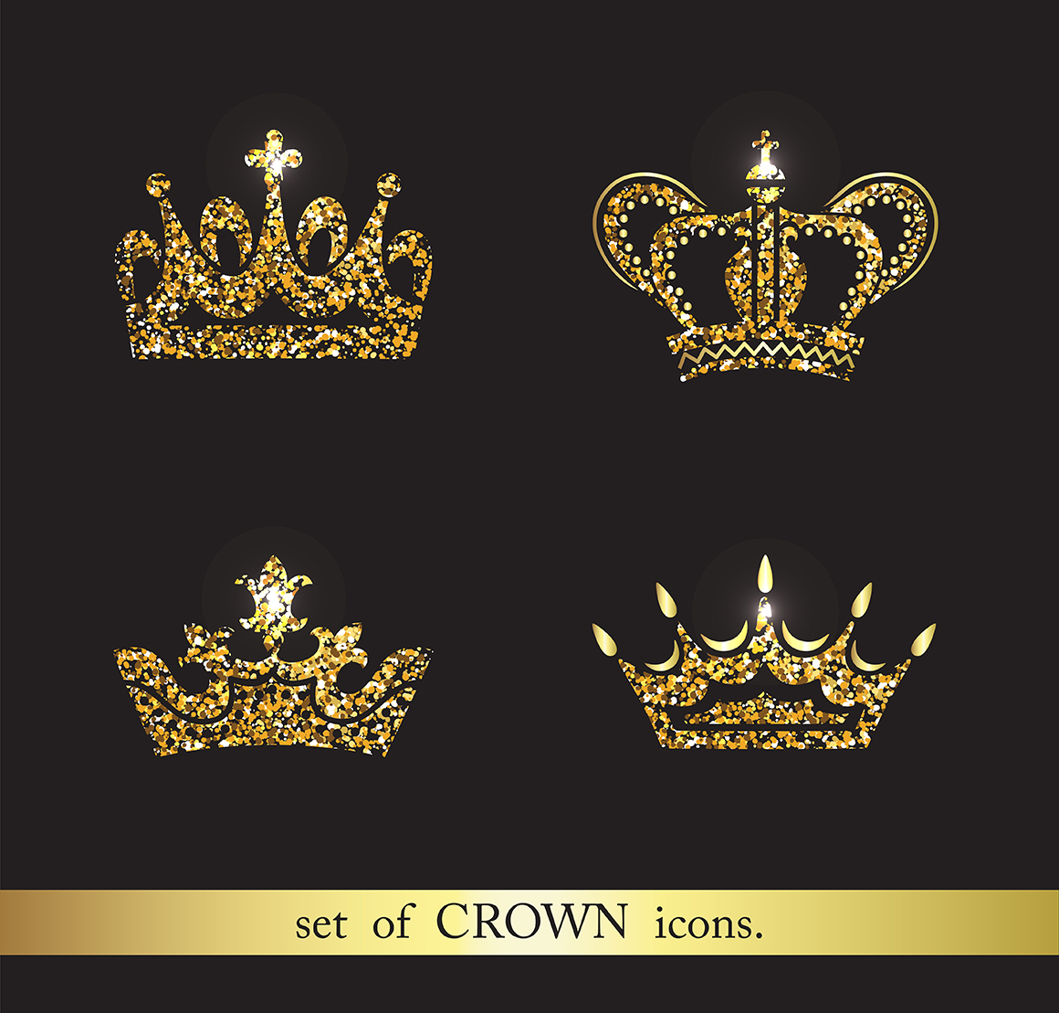 Set of gold crown icons. Flat crown icons in black. in Icons on Yellow ...