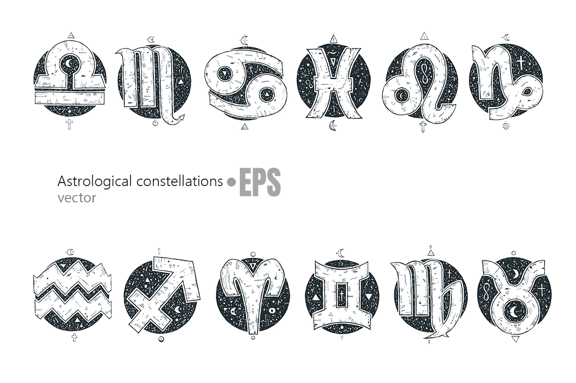 Hand drawn zodiac signs on Yellow Images Creative Store