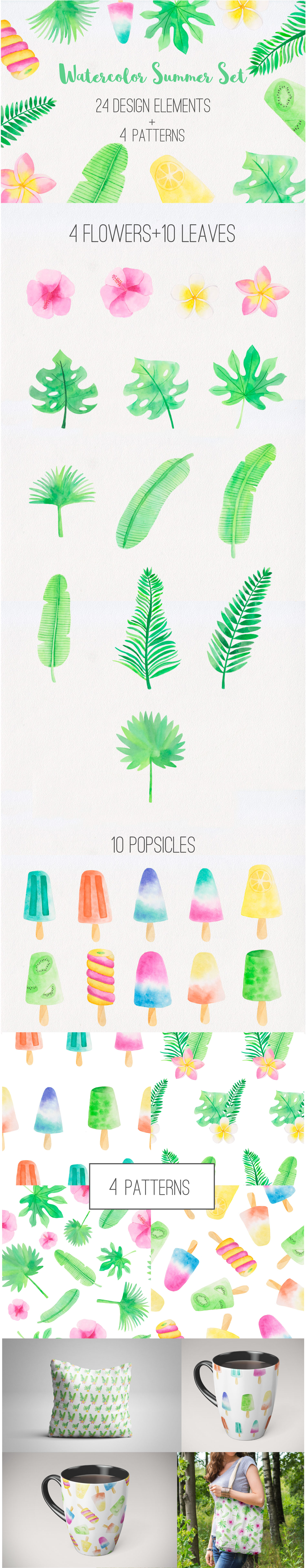 Watercolor Summer Set (Clipart) on Yellow Images Creative Store