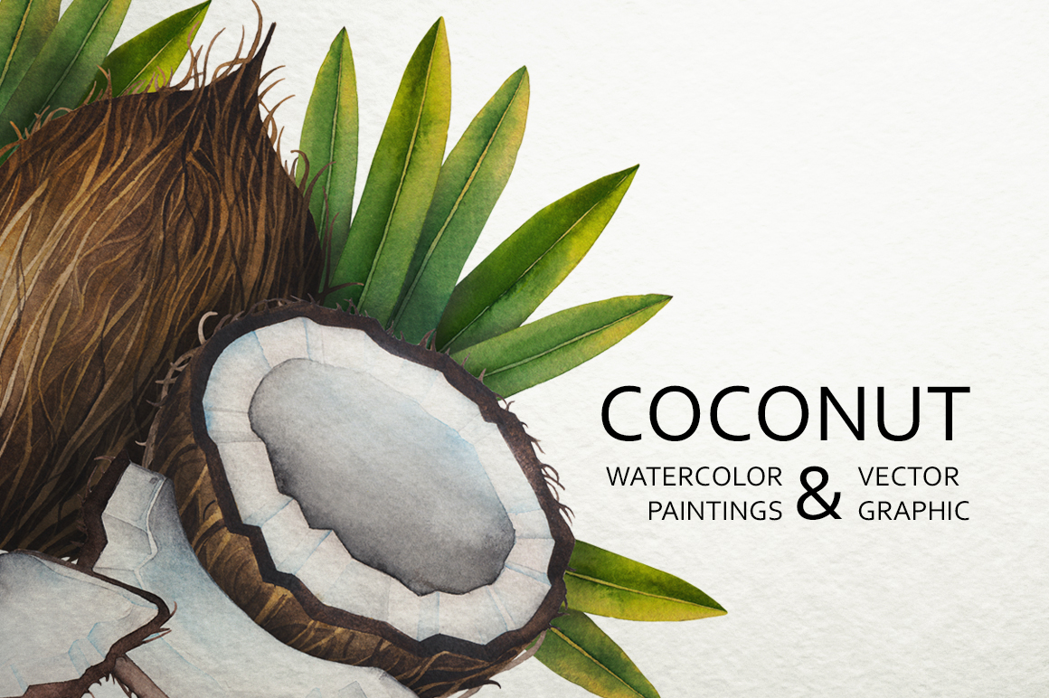Watercolor and graphic coconut on Yellow Images Creative Store