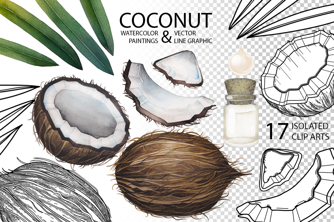 Watercolor and graphic coconut on Yellow Images Creative Store