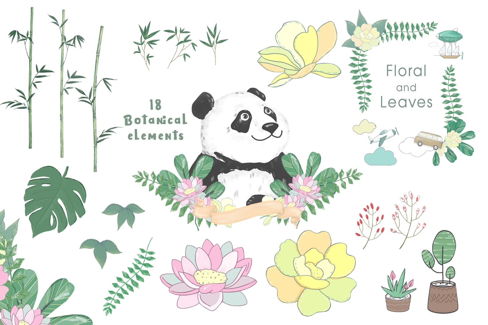 Pandas Graphics Set on Yellow Images Creative Store