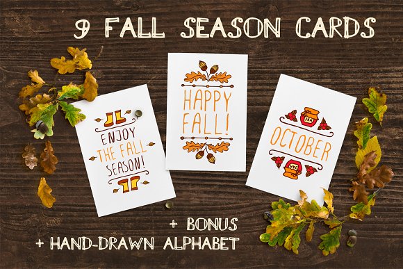 Hand-sketched fall season cards on Yellow Images Creative Store