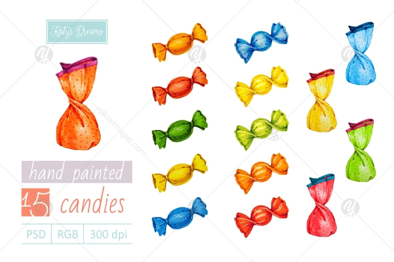 Watercolor set / Candies on Yellow Images Creative Store