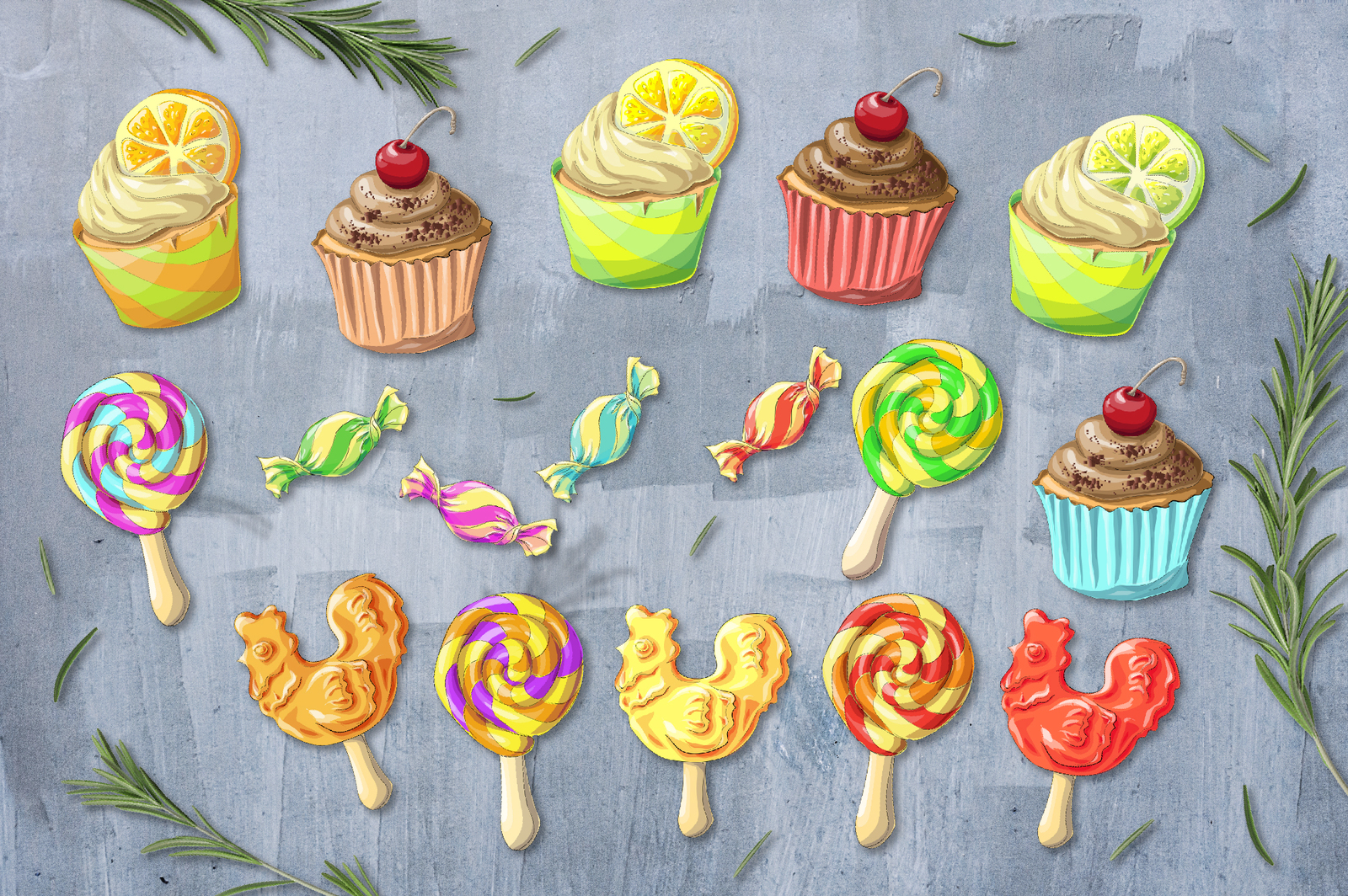 Set of vector sweets on Yellow Images Creative Store