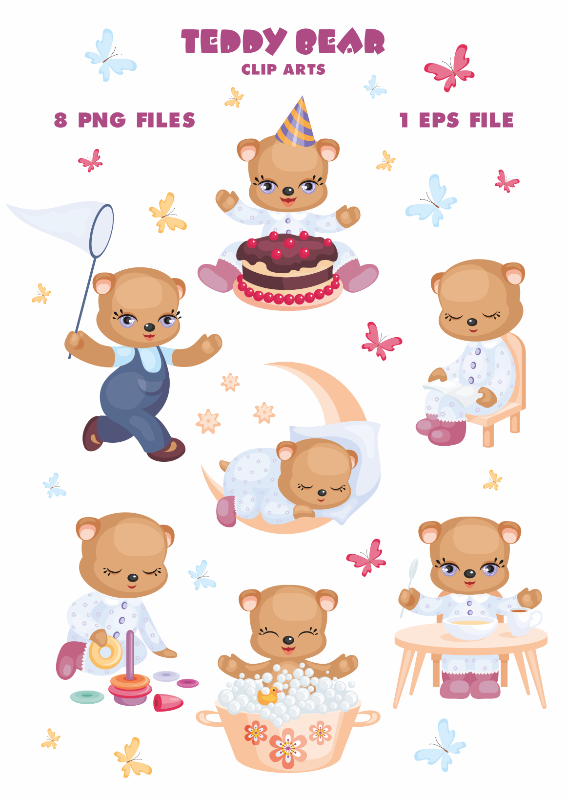 Teddy Bear Set. Vector Clip Arts on Yellow Images Creative Store