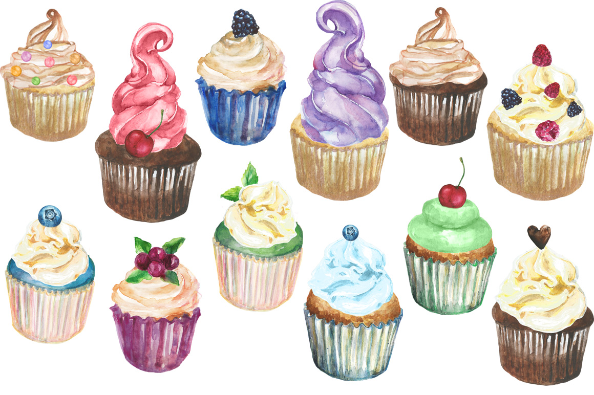 Cupcakes watercolor set on Yellow Images Creative Store