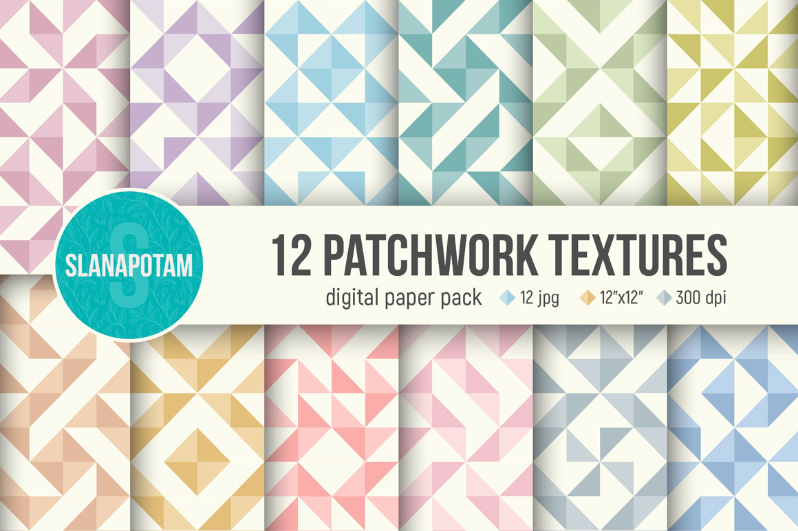 PATCHWORK digital paper pack, 12 seamless patterns on Yellow Images ...