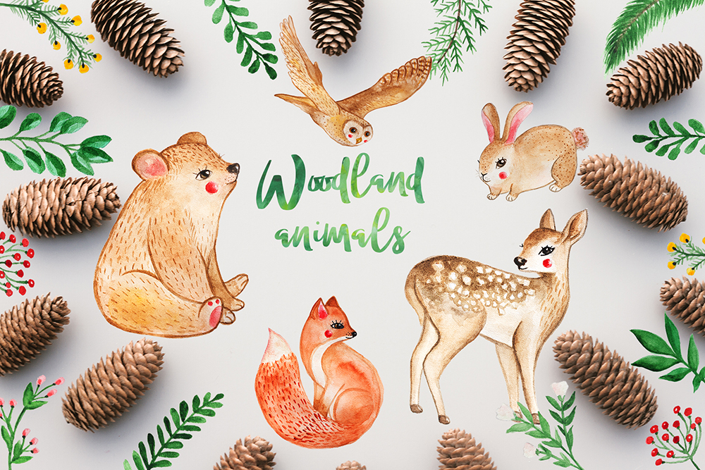 Watercolor Woodland Animals on Yellow Images Creative Store