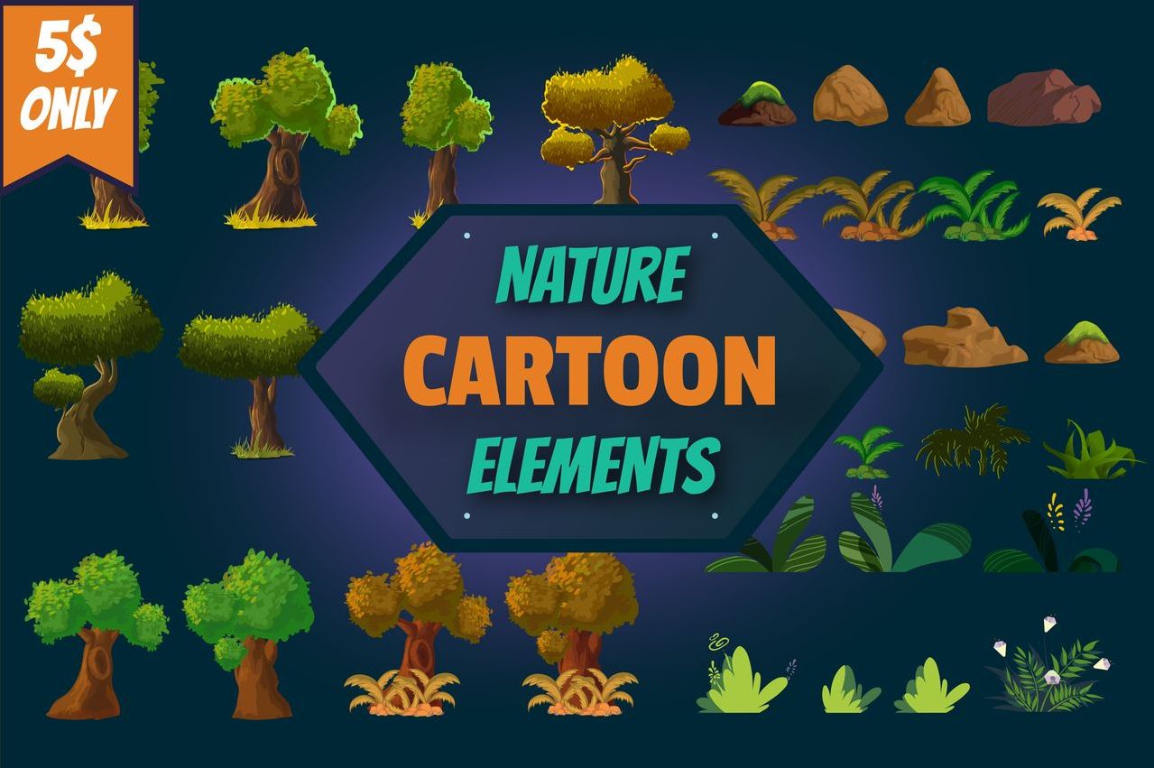 Cartoon Nature Elements Set on Yellow Images Creative Store