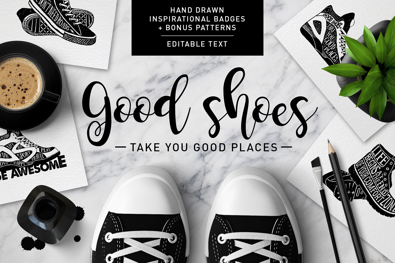 Good Shoes. 8 Inspirational Badges on Yellow Images Creative Store