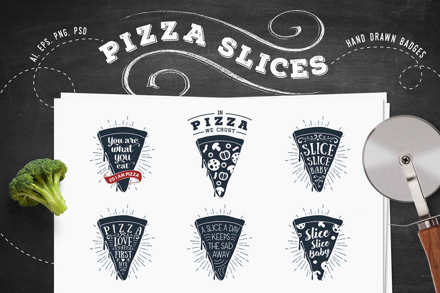 6 Hand Drawn Pizza Slice Badges on Yellow Images Creative Store 6 Hand Drawn Pizza Slice Badges on Yellow Images Creative Store