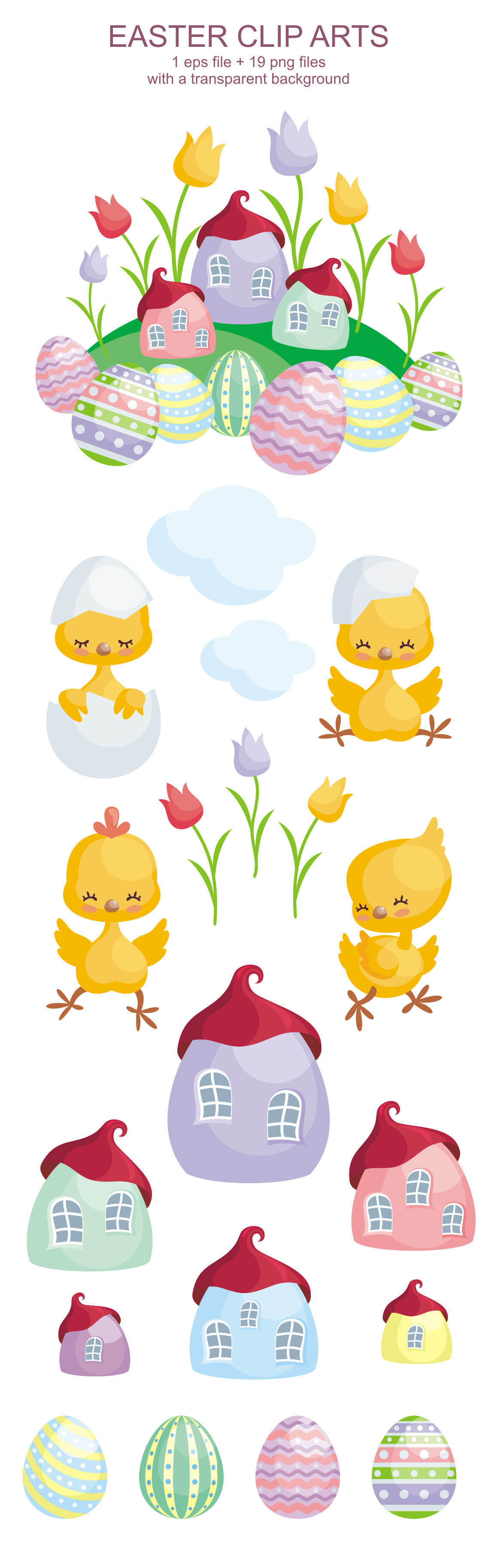 Easter village. Vector clip arts and seamless patterns. on Yellow ...