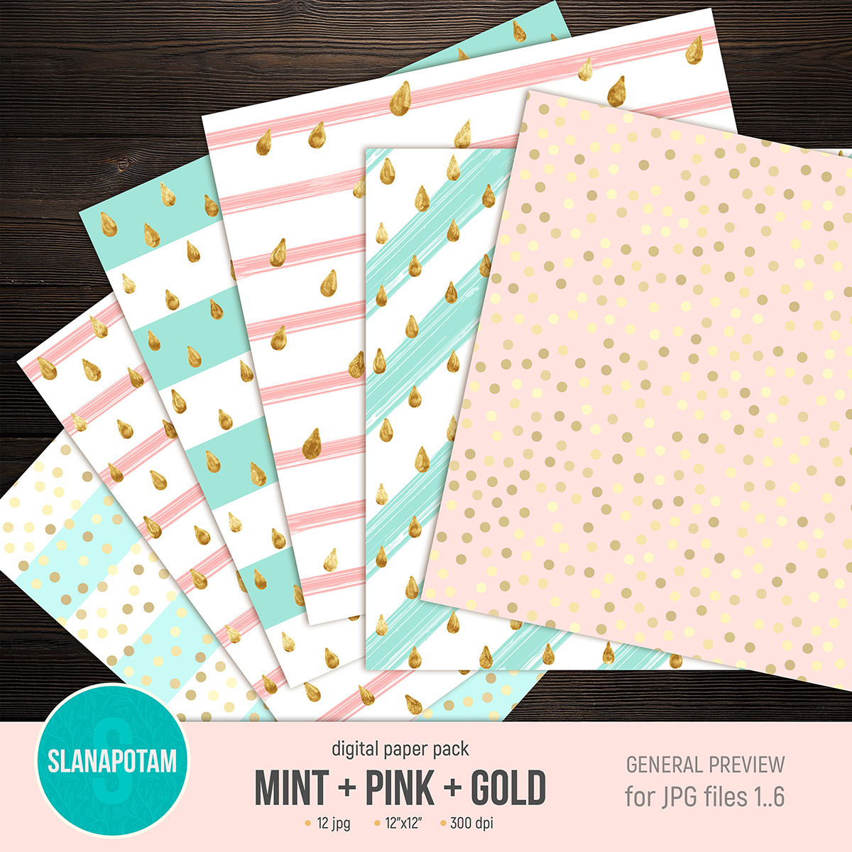 MINT-PINK-GOLD digital paper pack, 12 files on Yellow Images Creative Store