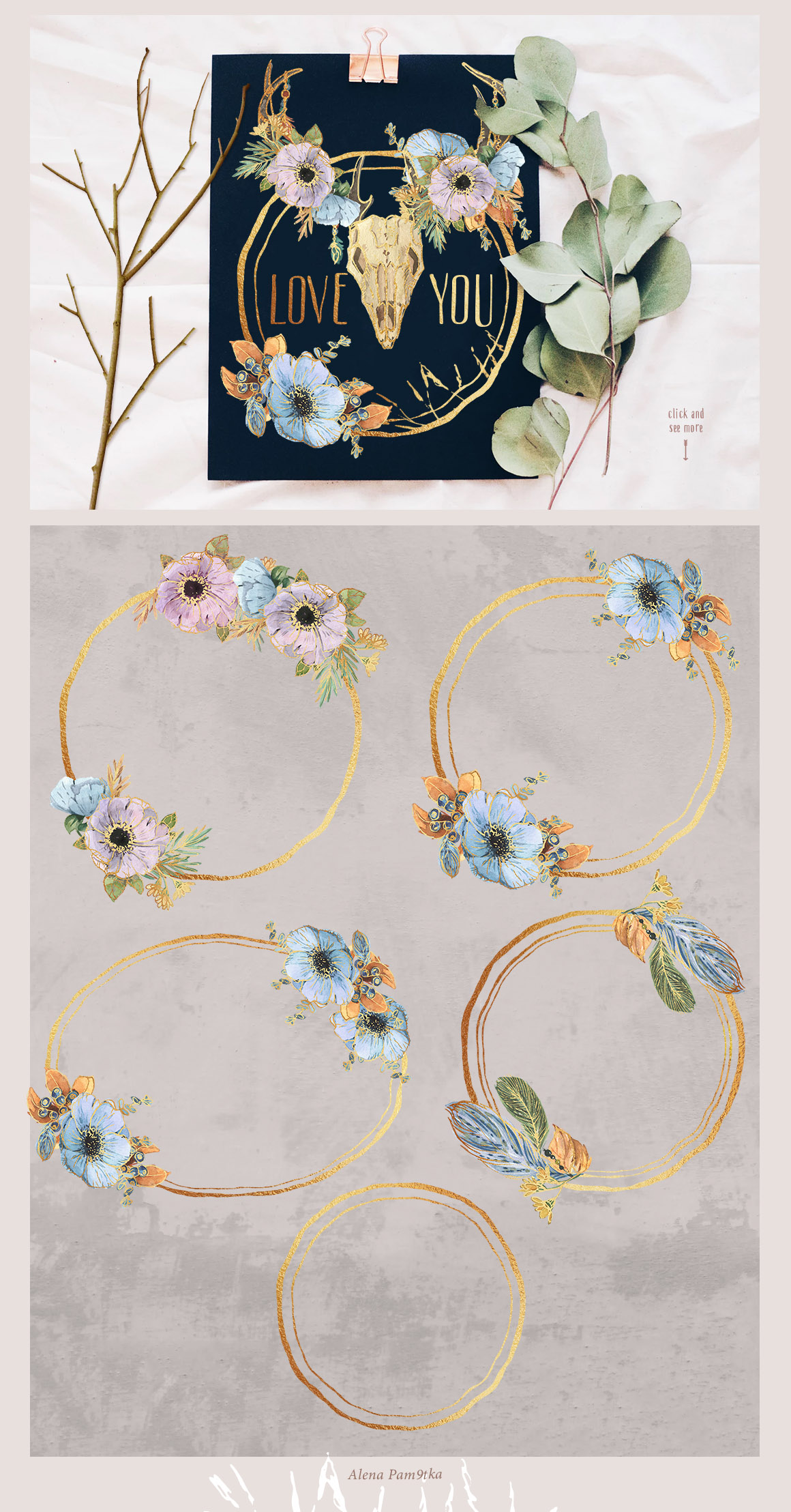 Bohemian watercolor with gold on Yellow Images Creative Store