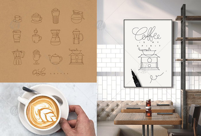 Coffee One Line Symbols on Yellow Images Creative Store