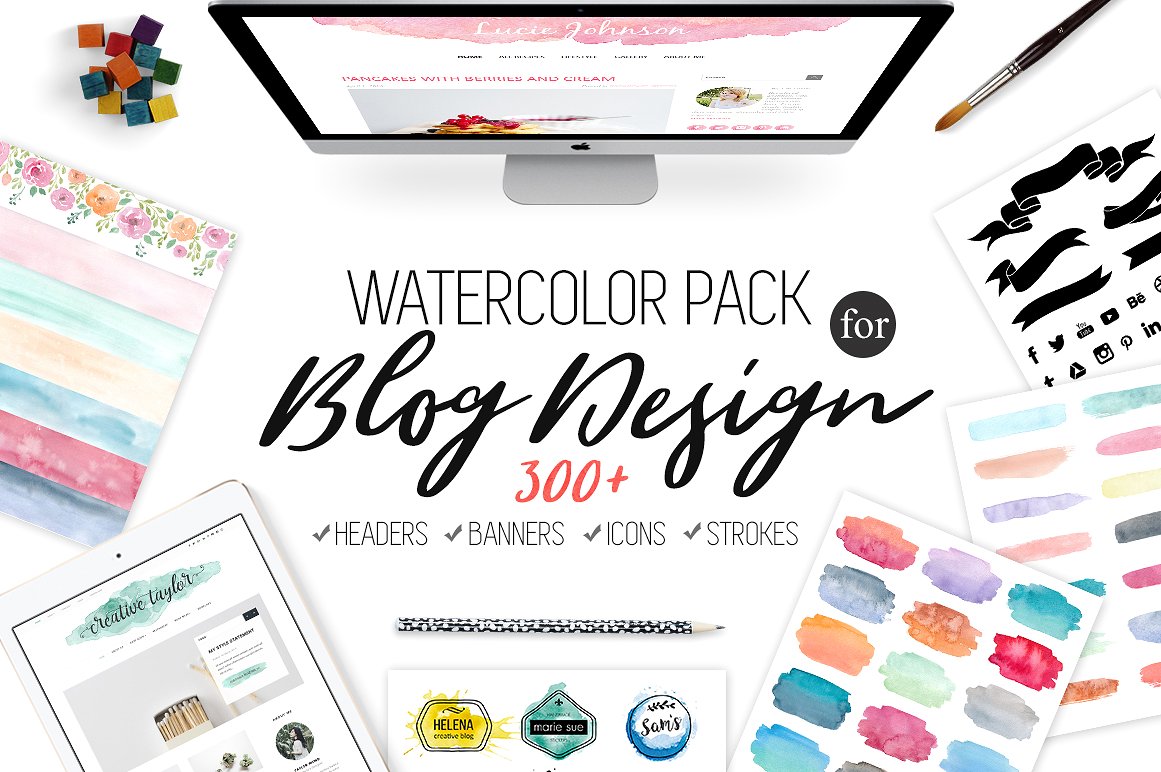 Watercolor Pack for Bloggers on Yellow Images Creative Store