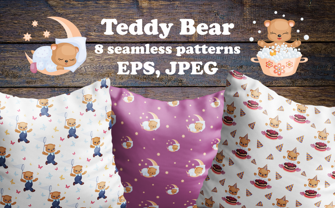 Teddy Bear. Seamless Patterns Set. on Yellow Images Creative Store
