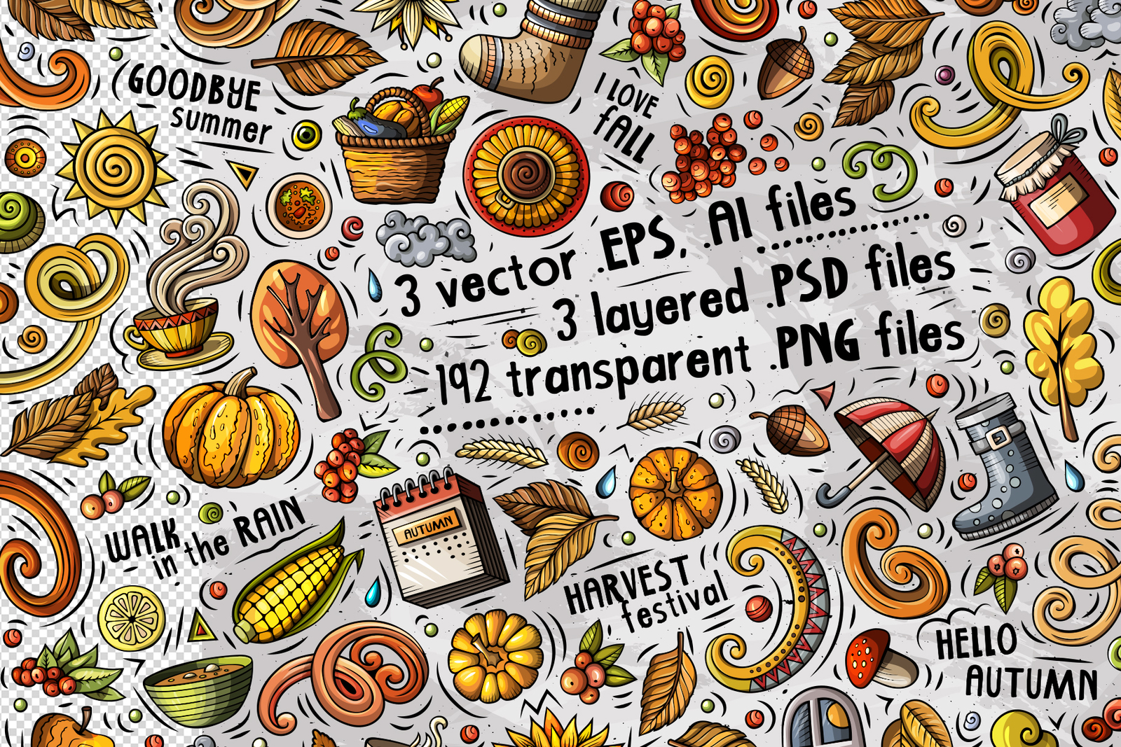 Autumn Cartoon Objects Set on Yellow Images Creative Store