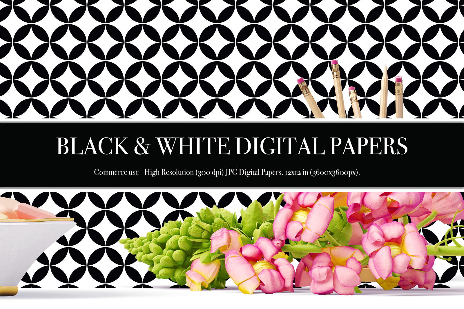 Black and White Digital Papers on Yellow Images Creative Store