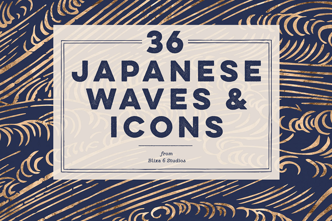 36 Japanese Waves & Golden Icons on Yellow Images Creative Store