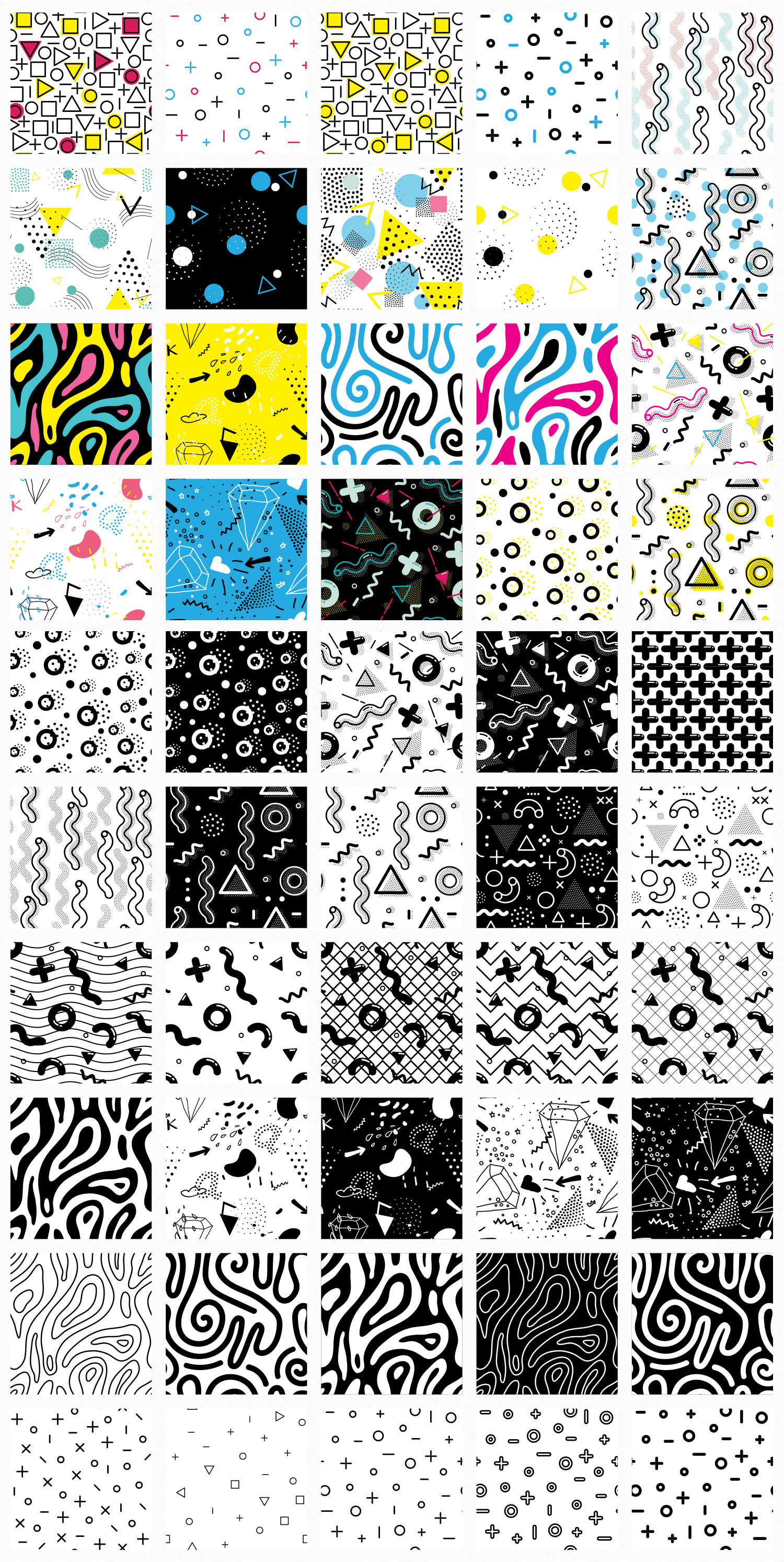 50 memphis seamless patterns set on Yellow Images Creative Store