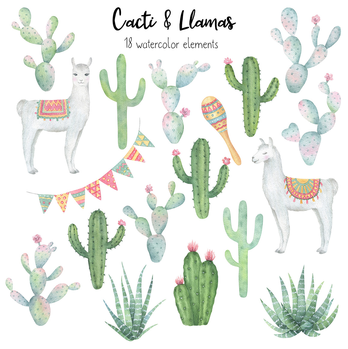 Cactus and Llama watercolor clipart and patterns on Yellow Images ...