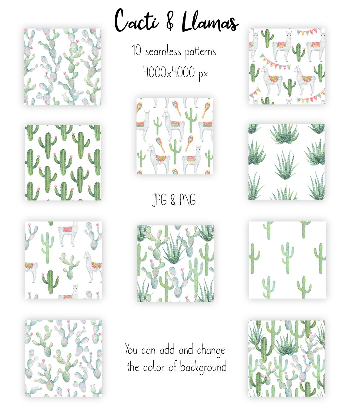 Cactus and Llama watercolor clipart and patterns on Yellow Images ...