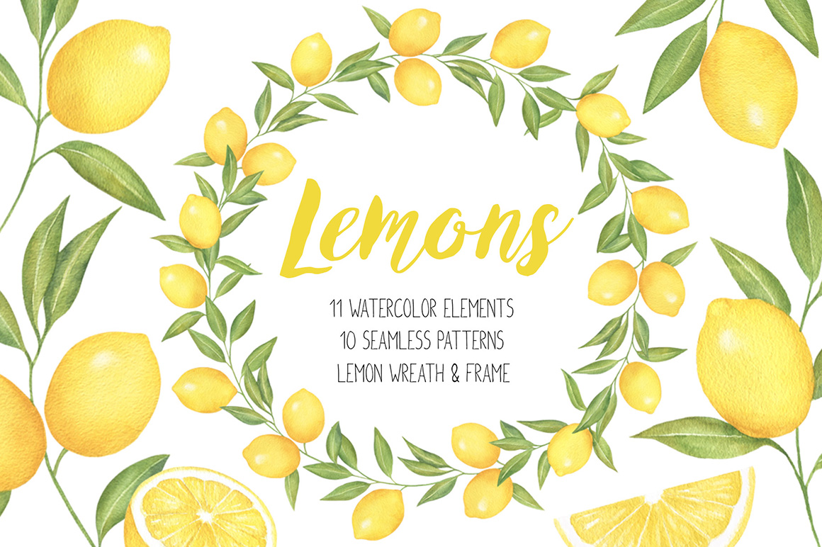 Lemon and Citrus Watercolor Clipart, Lemon wreath, seamless pattern on Yellow Images Creative Store