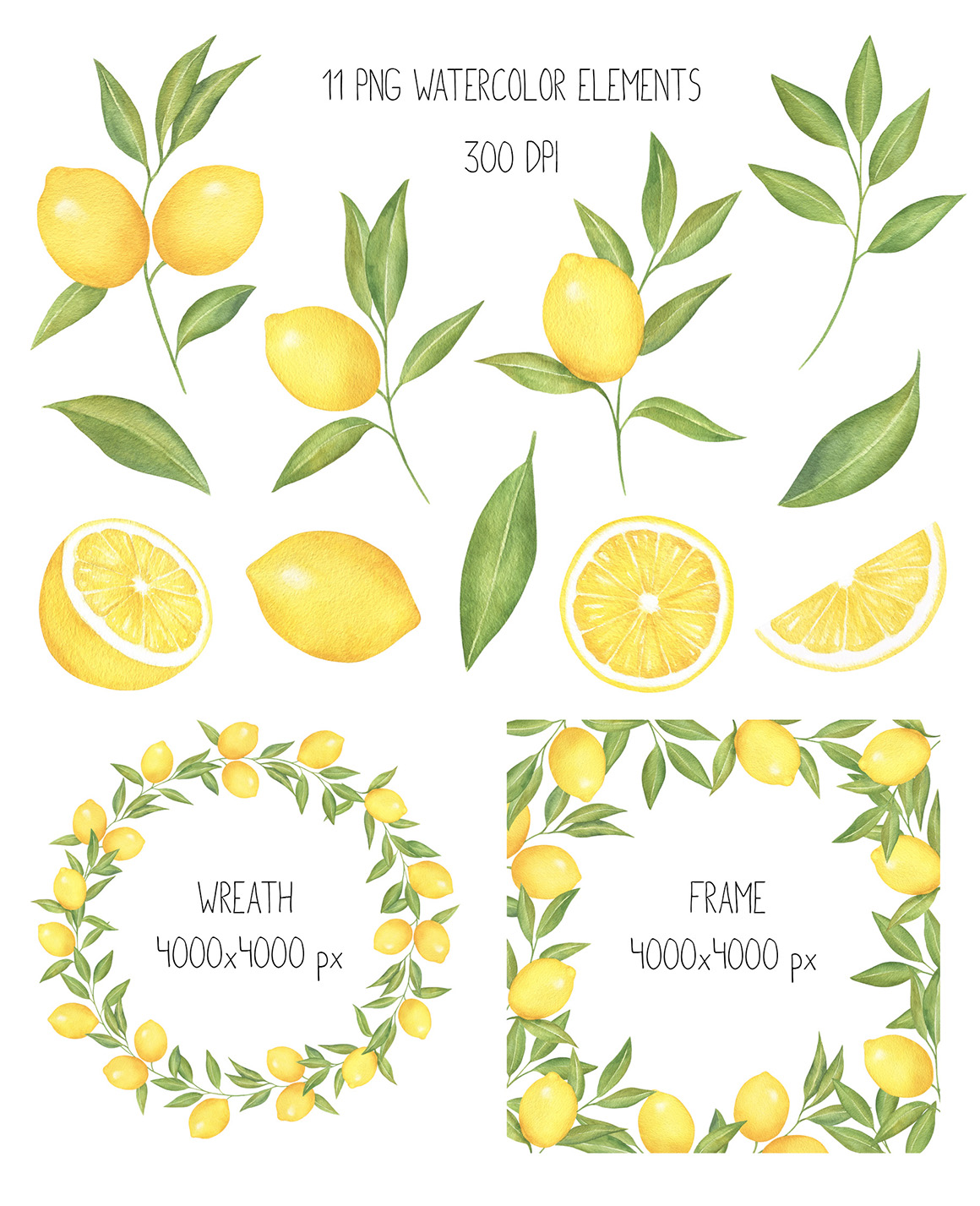 Lemon and Citrus Watercolor Clipart, Lemon wreath, seamless pattern on ...