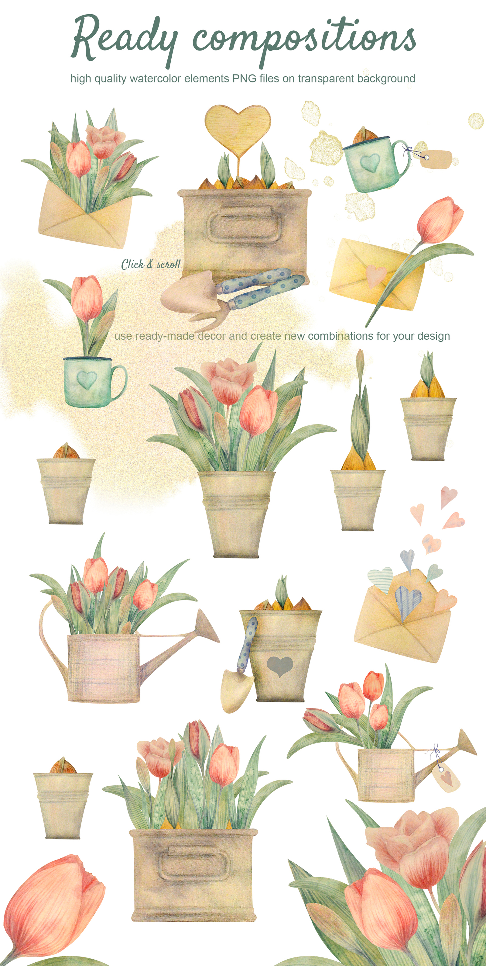 HELLO SPRING. Watercolor tulip set on Yellow Images Creative Store